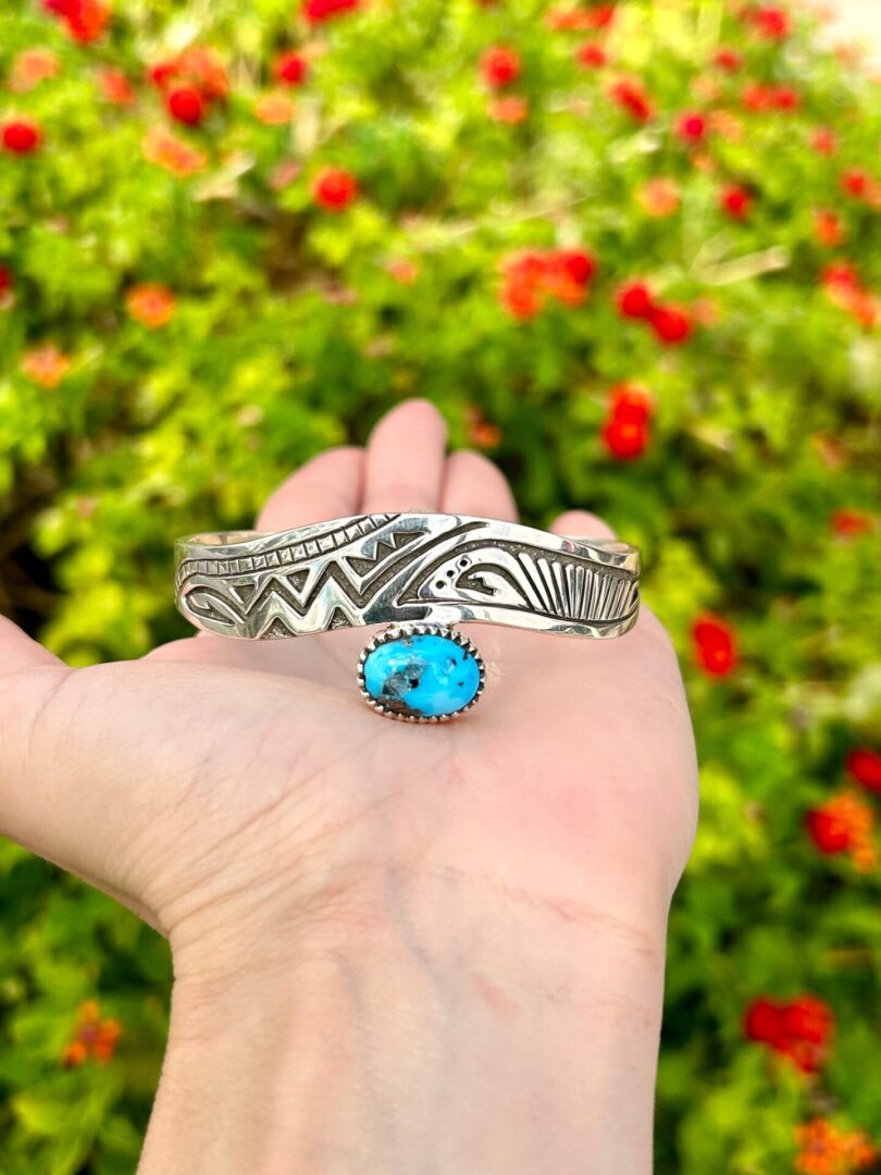 Sam Gray Handmade High-Grade Kingman Turquoise Carved Sterling Silver Cuff Bracelet - Old Town ...